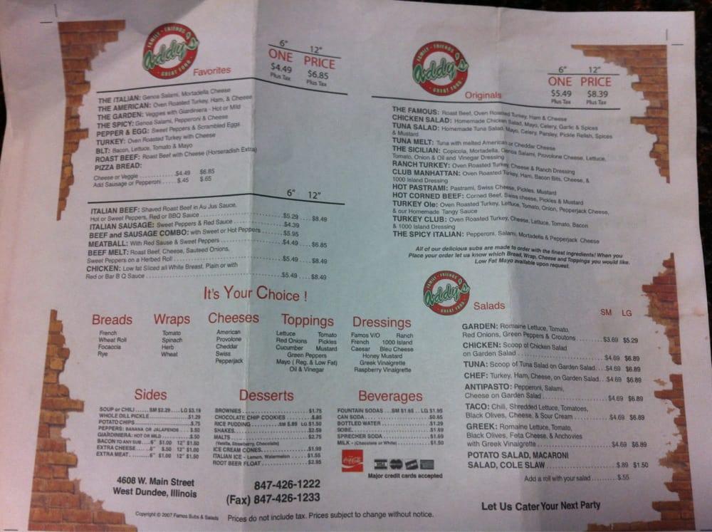 Menu at Addy's Subs & Salads restaurant, West Dundee, W Main St