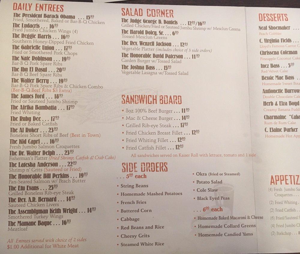 Menu at Amy Ruth's restaurant, New York City