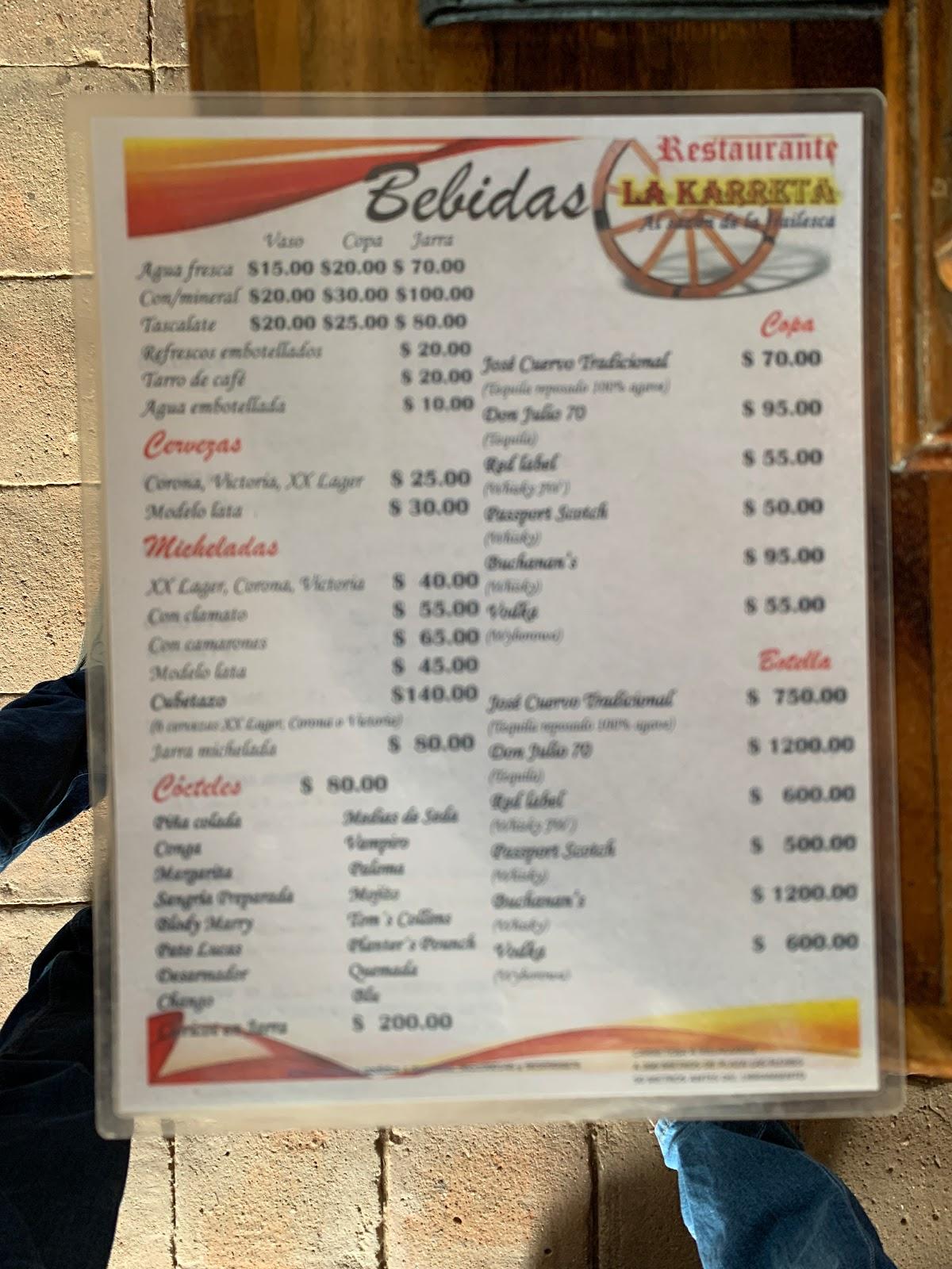 Carta del restaurante La carreta, Villaflores