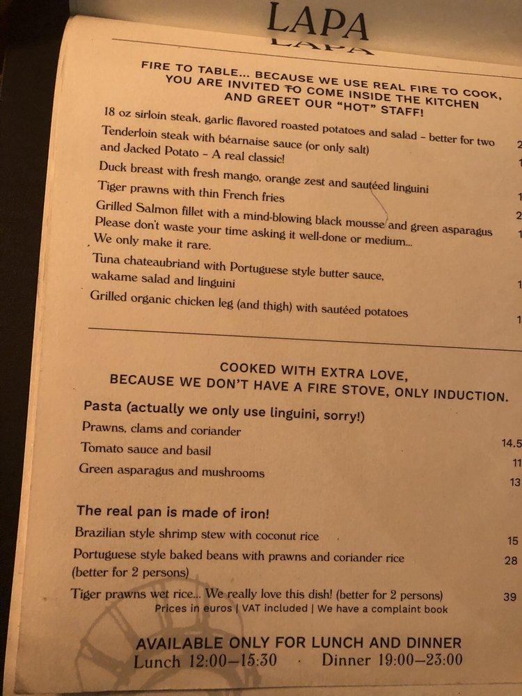 Menu at Lapa Lapa pizzeria, Porto
