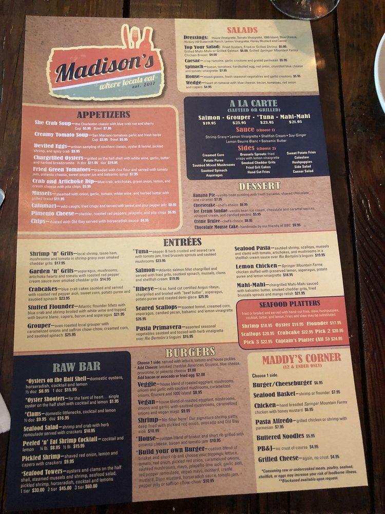 Menu at Madison's restaurant, Port Royal