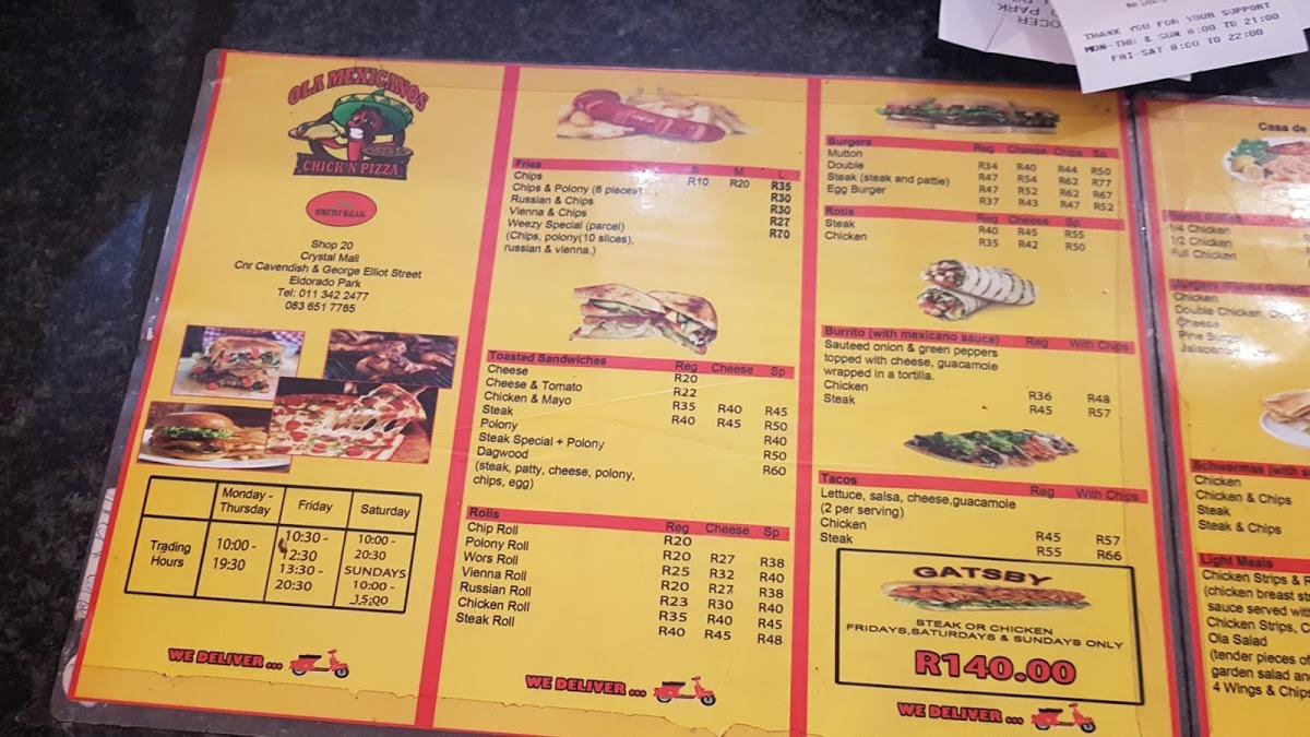 Menu at Ola Mexicanos restaurant, Lenasia