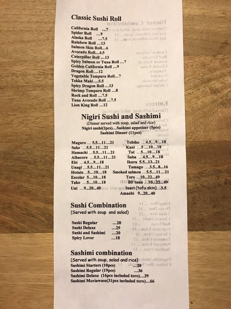 Menu at Sushi Park restaurant, Oakland, Park Blvd
