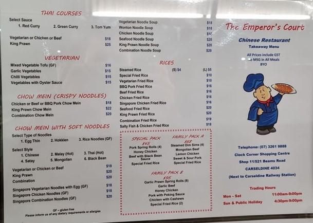Menu at The Emperor's Court restaurant, Carseldine