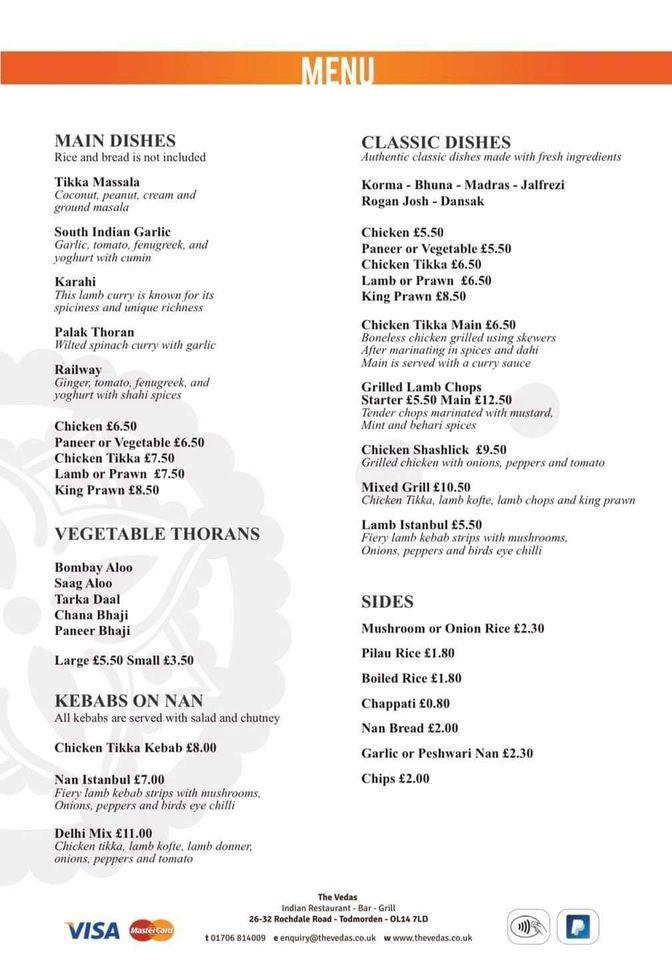 Menu at The Vedas restaurant, Todmorden