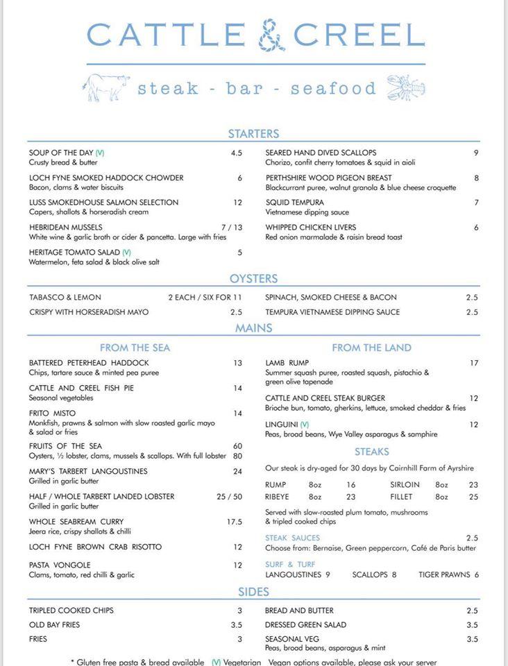 Menu at Cattle & Creel Seafood & Steakhouse, Helensburgh