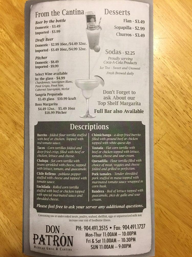 Menu at Don Patron Grill and Cantina restaurant, Yulee