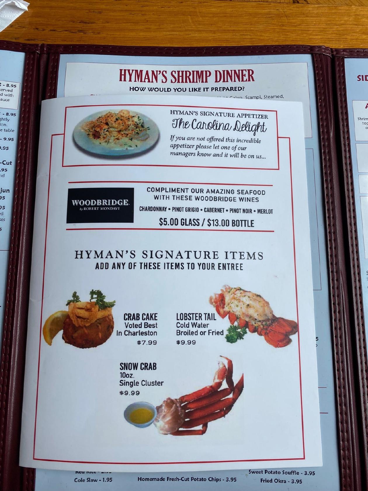 Menu at Hyman's Seafood restaurant, Charleston