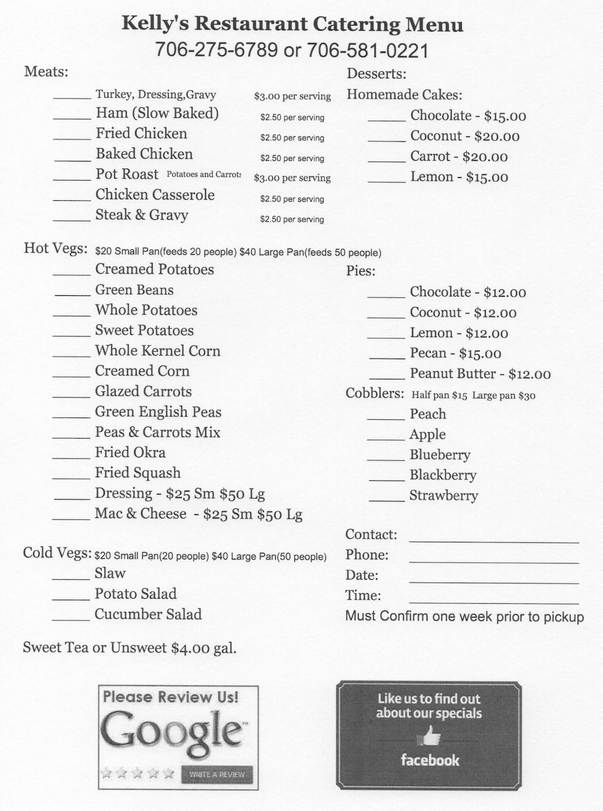 Menu at Kelly's Restaurant, Dalton