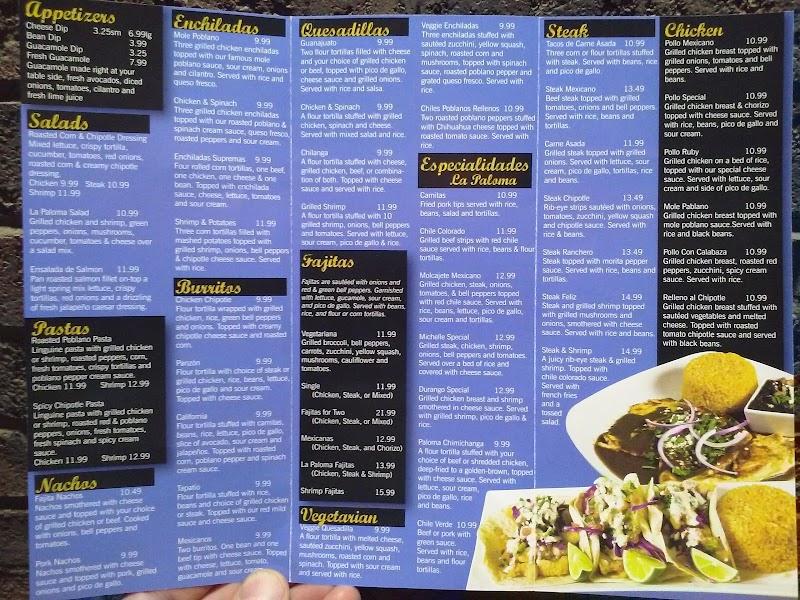 Menu at La Paloma restaurant, Springfield, E Sunshine St