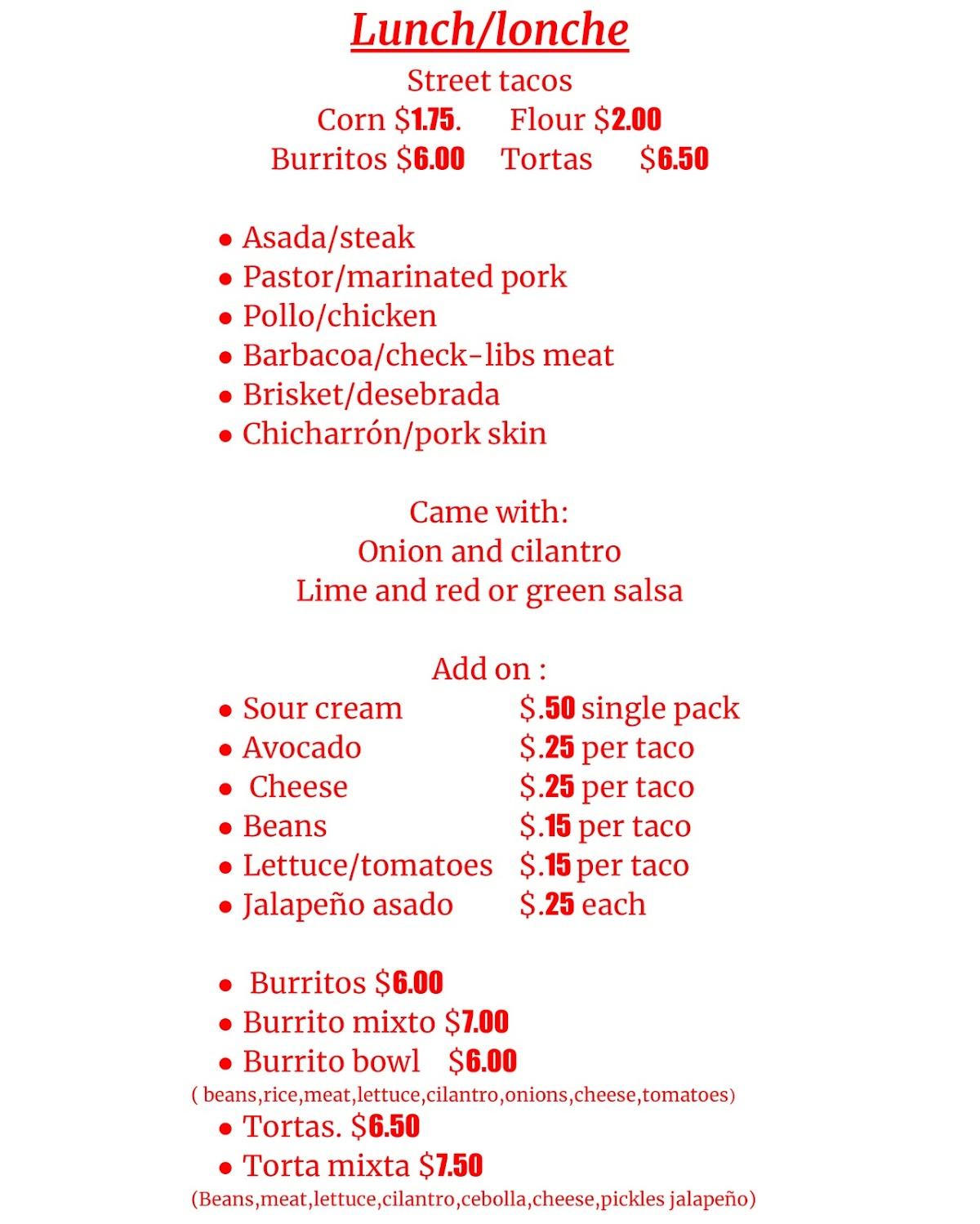 Menu at Lulu's Tacos restaurant, White Settlement