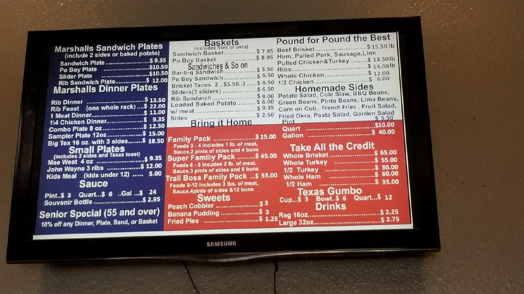 Menu at Marshall's Bar-B-Q, Carrollton