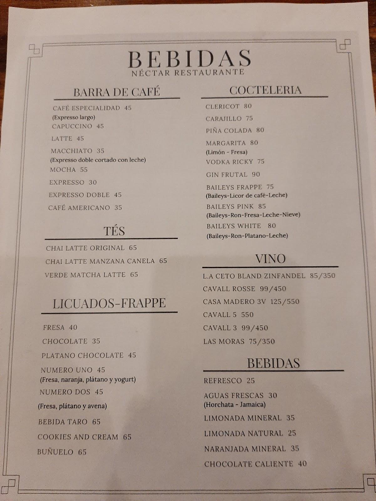 Carta de Néctar Restaurante Cafetales, Chihuahua