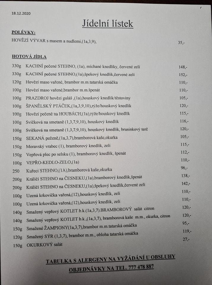 Carta del restaurante Satelit, Židněves