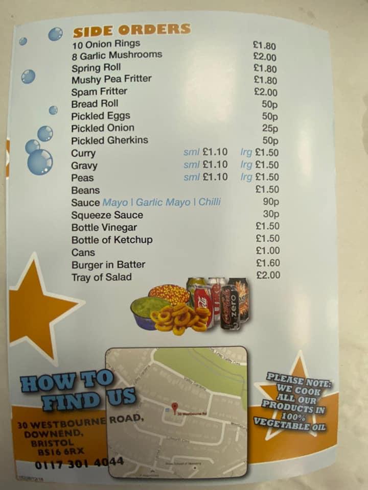 Menu at Star Fish Bar, Bristol, 30 Westbourne Rd