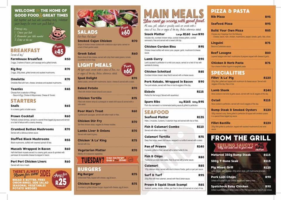 Menu at Three Legged Pig pub & bar, Port Elizabeth
