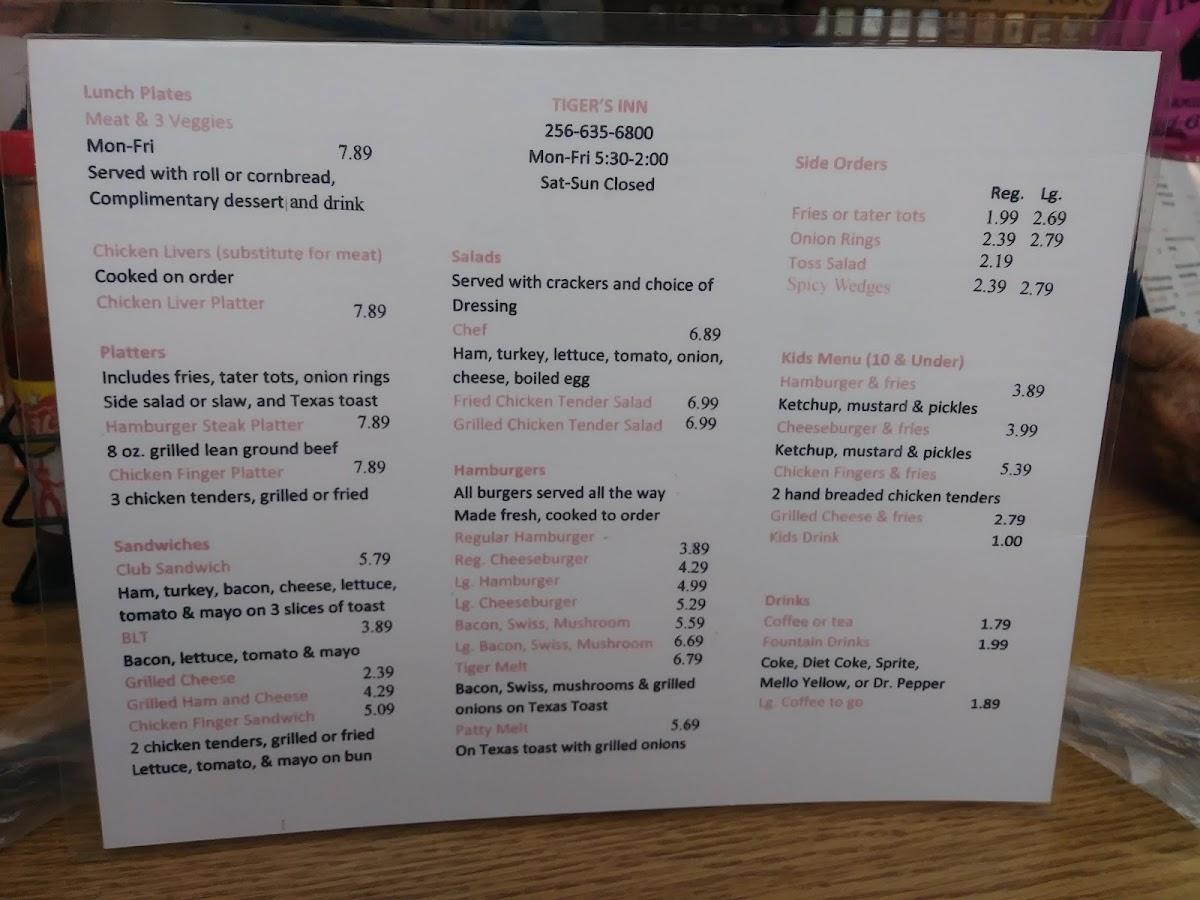 Menu at Tiger’s Inn restaurant, Valley Head