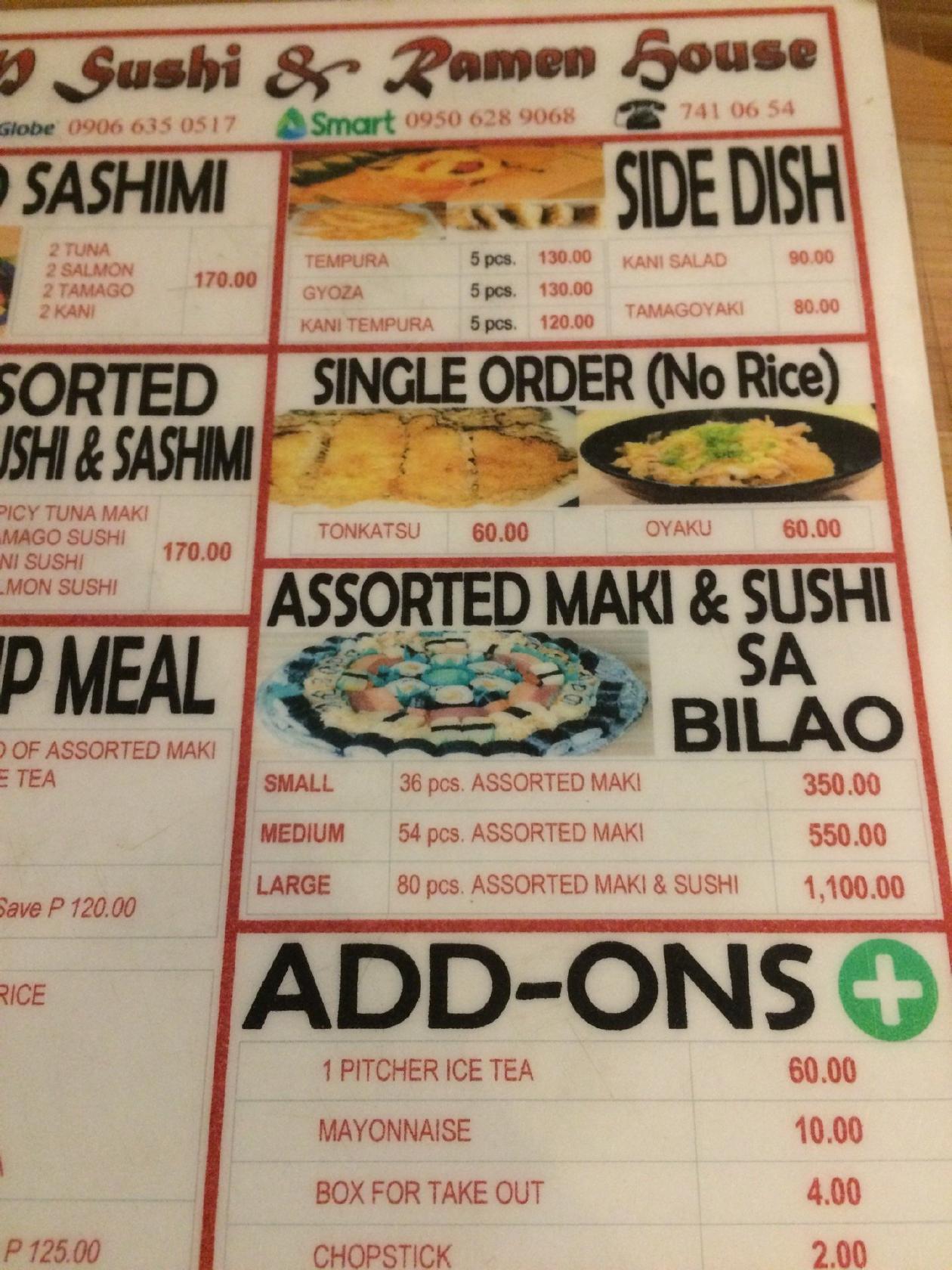 Menu at Yokoso restaurant, Nasugbu