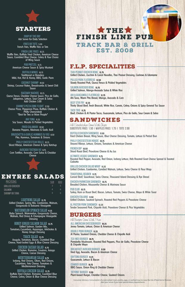 Menu at The Finish Line Pub, Millville