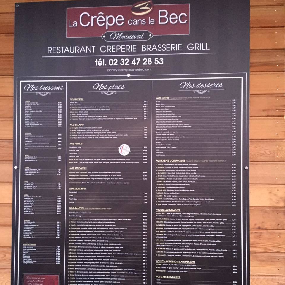 Menu au La Crêpe Dans le BEC restaurant, Menneval
