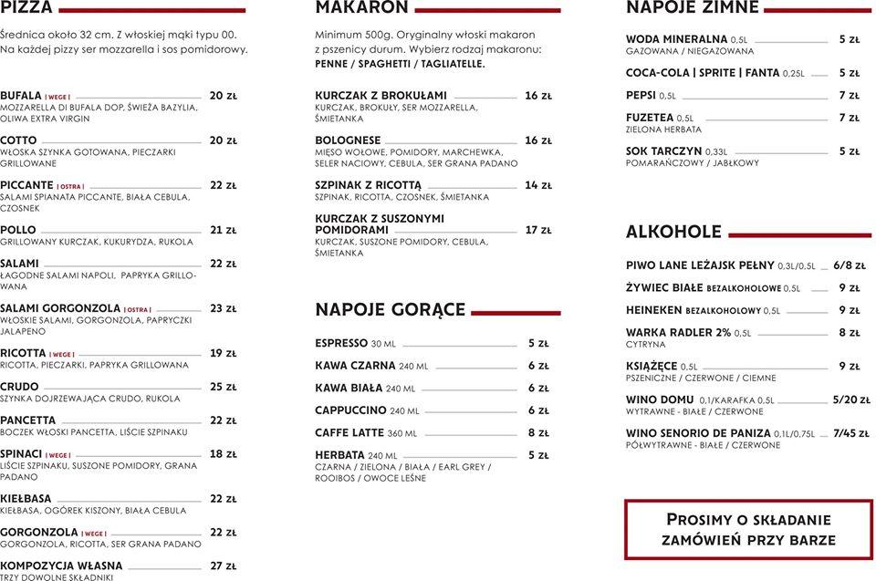 Menu at Momento Pizzeria, Kraków
