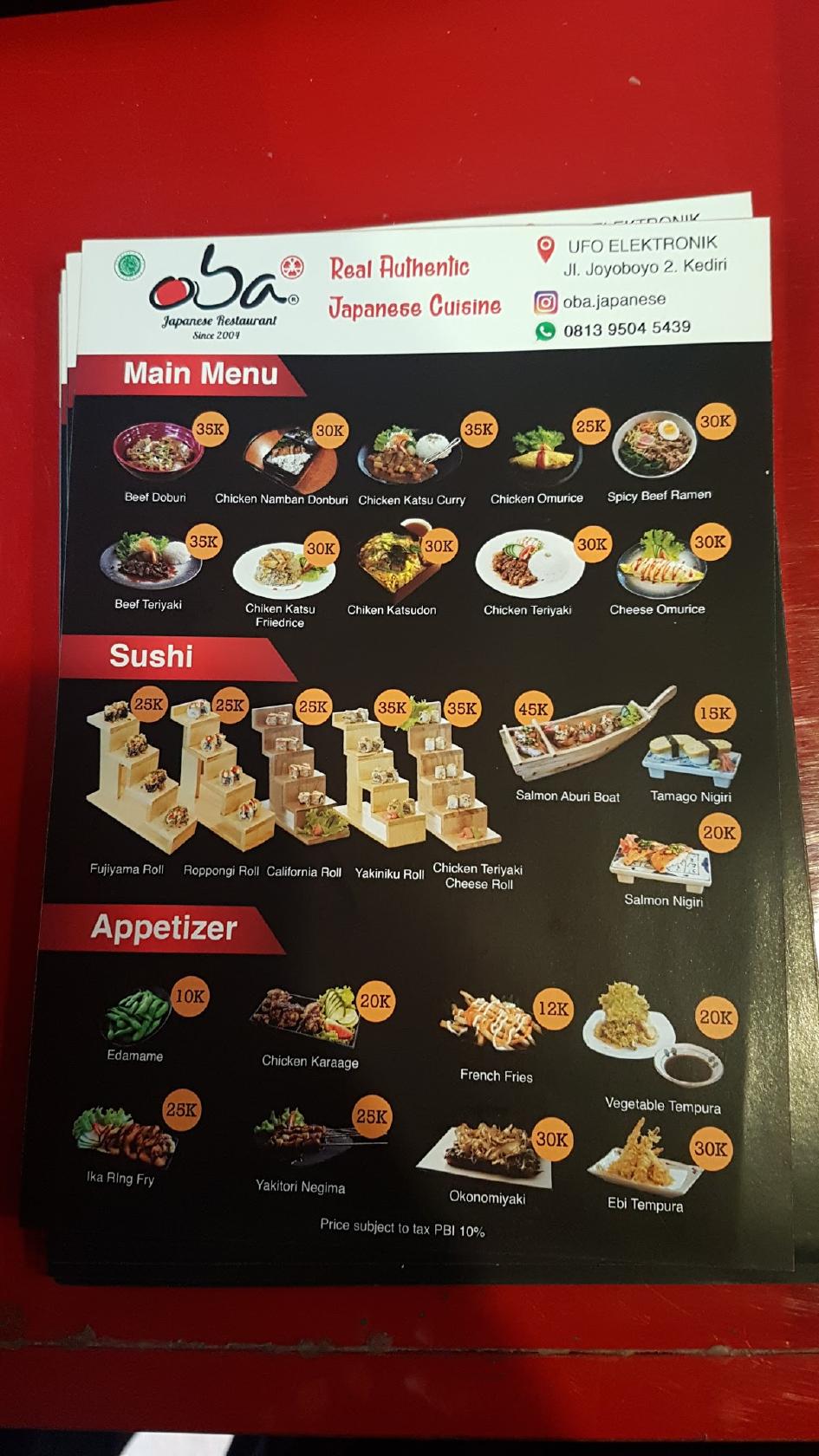 Carta del restaurante Oba Japanese Express, Indonesia