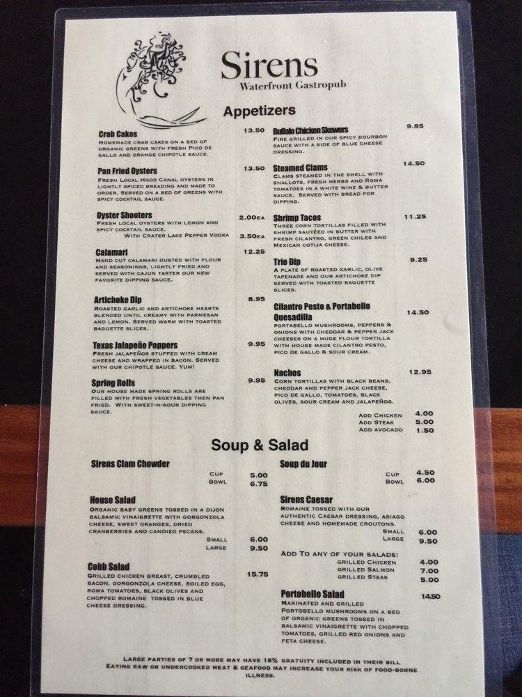 Menu at Sirens Pub, Port Townsend
