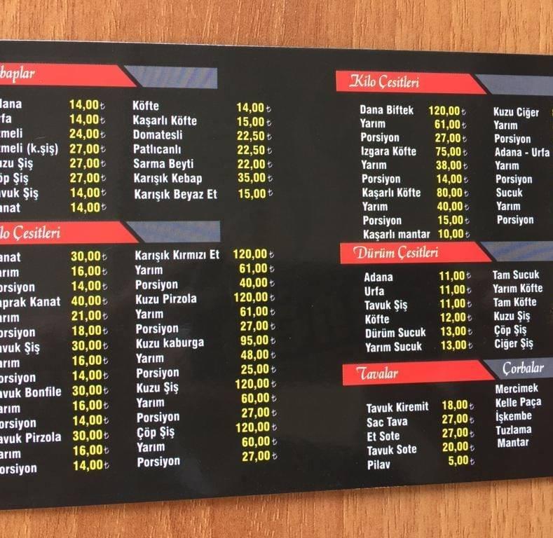 Menu at Ağam Mangalbaşı, Istanbul