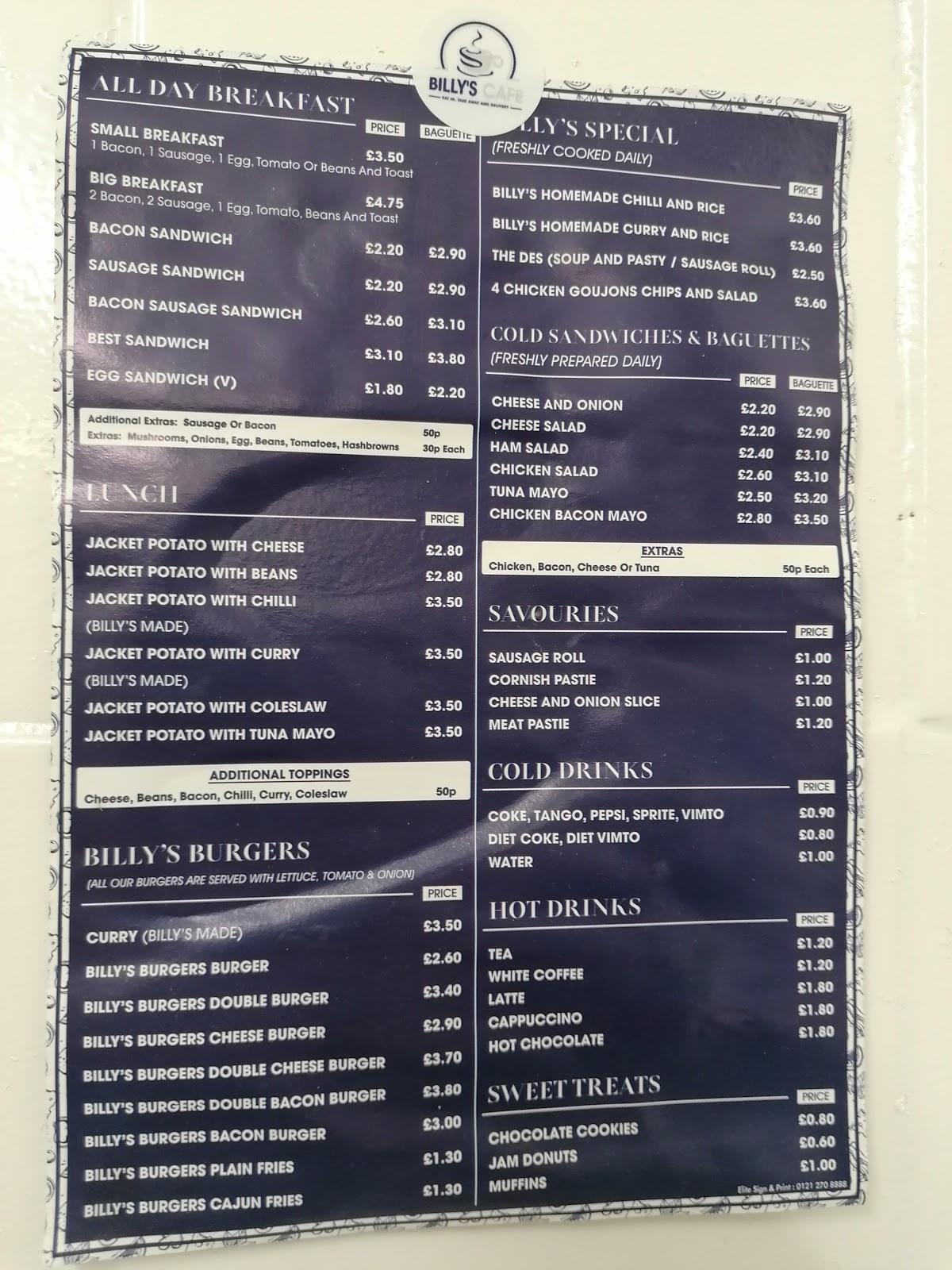 Menu at Billy's Cafe, West Bromwich