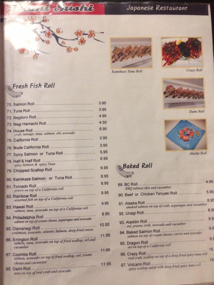 Menu at Dami Sushi restaurant, Nanaimo, 10-4890 Rutherford Rd