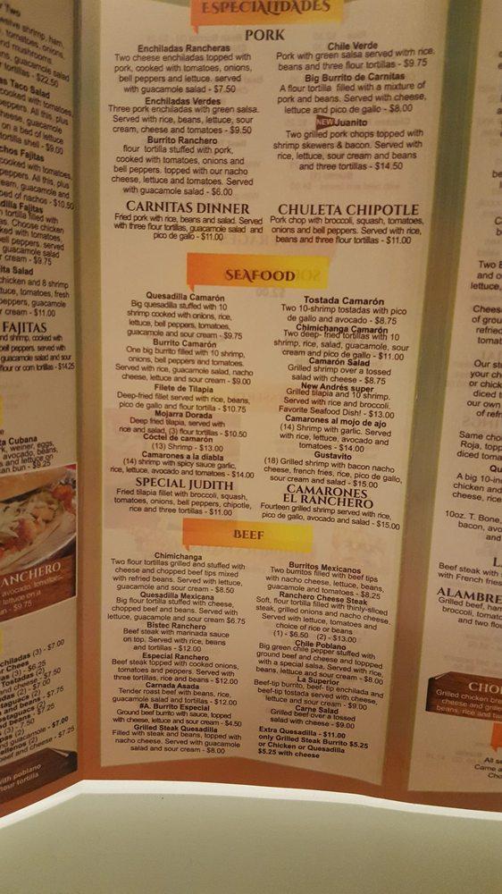 Menu at El Ranchero restaurant, Brevard