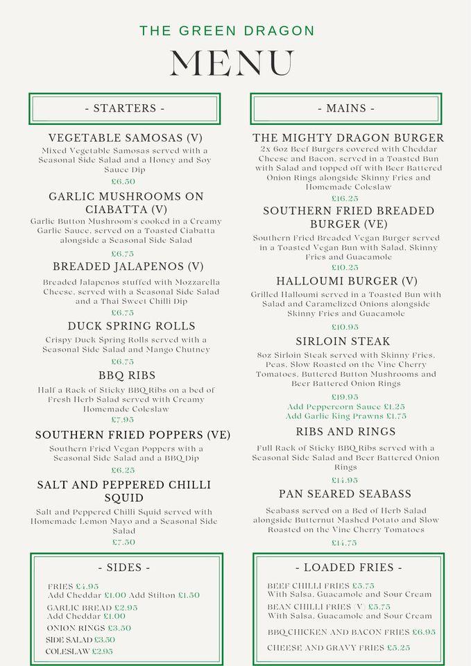 Menu at Green Dragon pub & bar, Wymondham