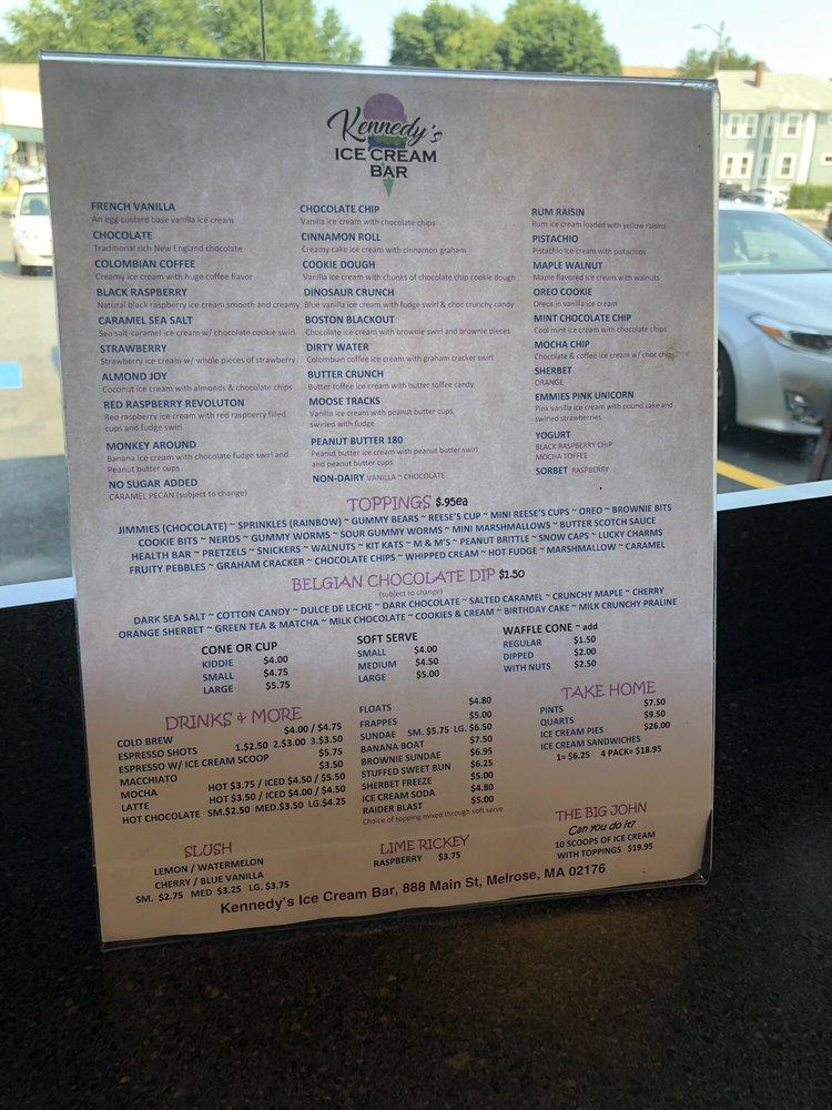 Menu at Kennedy’s Ice Cream Bar, Melrose