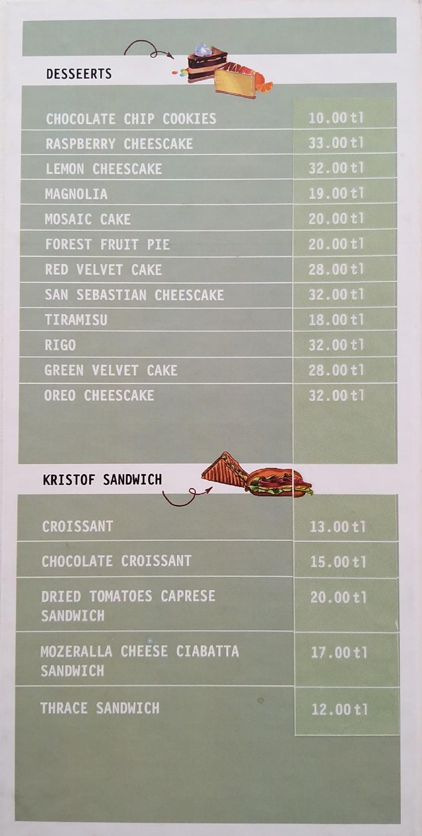 Menu at Kristof Coffee & Bakery, Edirne