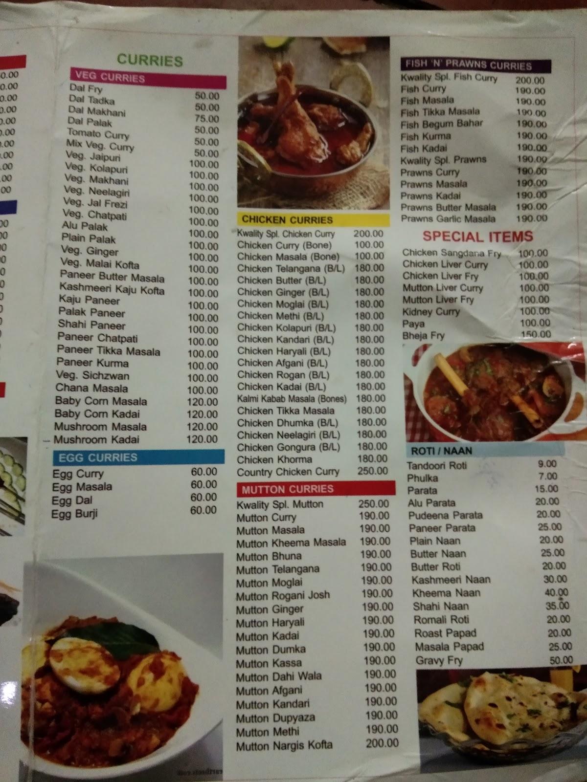 Menu at Kwality Dhaba, Karimnagar