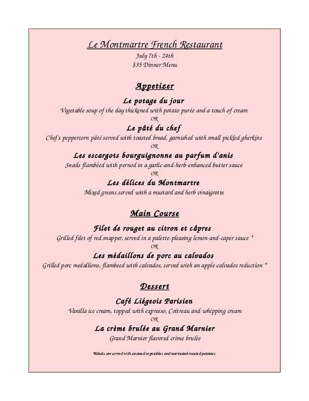 Menu at Le Montmartre restaurant, Toronto