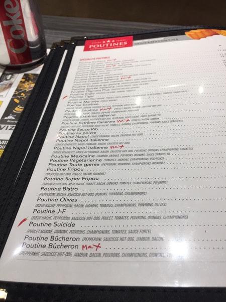 Menu at Max Poutine restaurant, Victoriaville