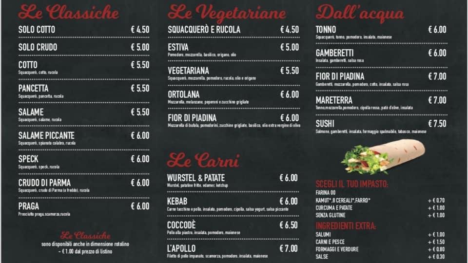Menu da Piadineria la caveja Cusano Milanino ristorante, Cusano Milanino