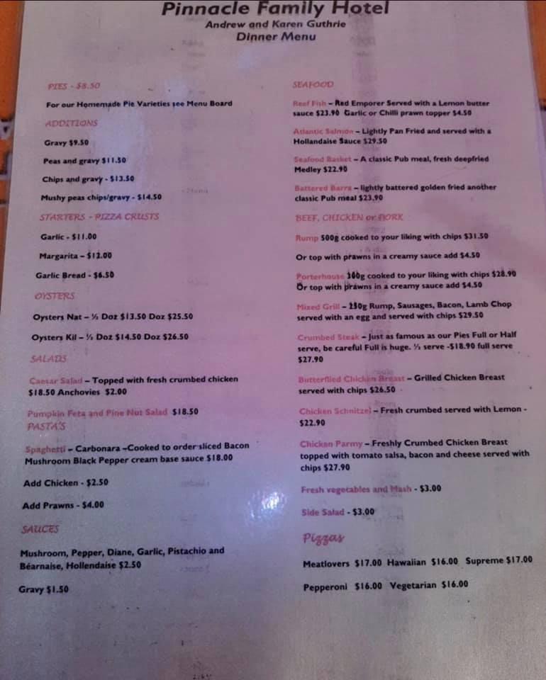 Menu at Pinnacle Family Hotel pub & bar, Pinnacle