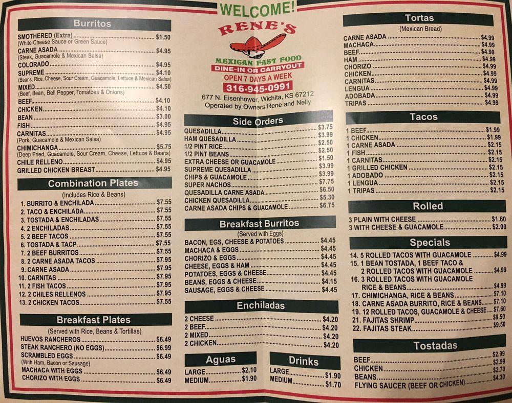 Menu at Rene's Restaurant, Wichita