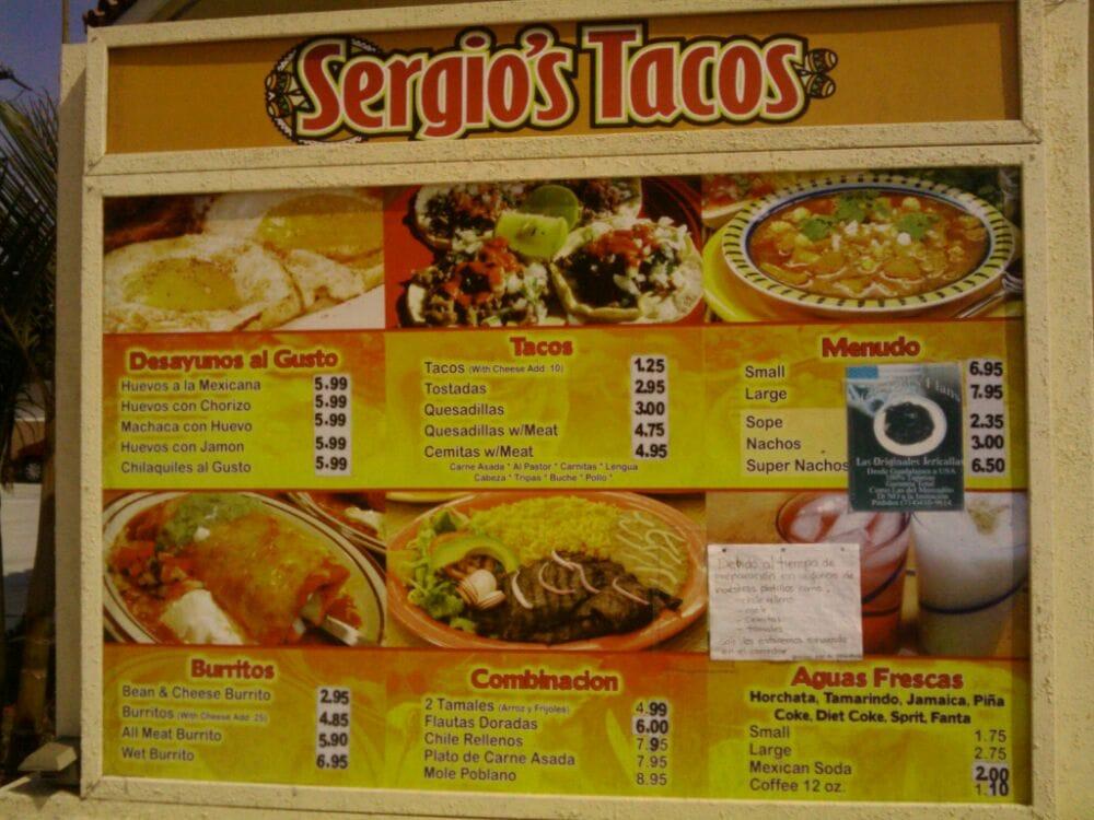 Menu at Sergio's Tacos restaurant, East Los Angeles, E Olympic Blvd
