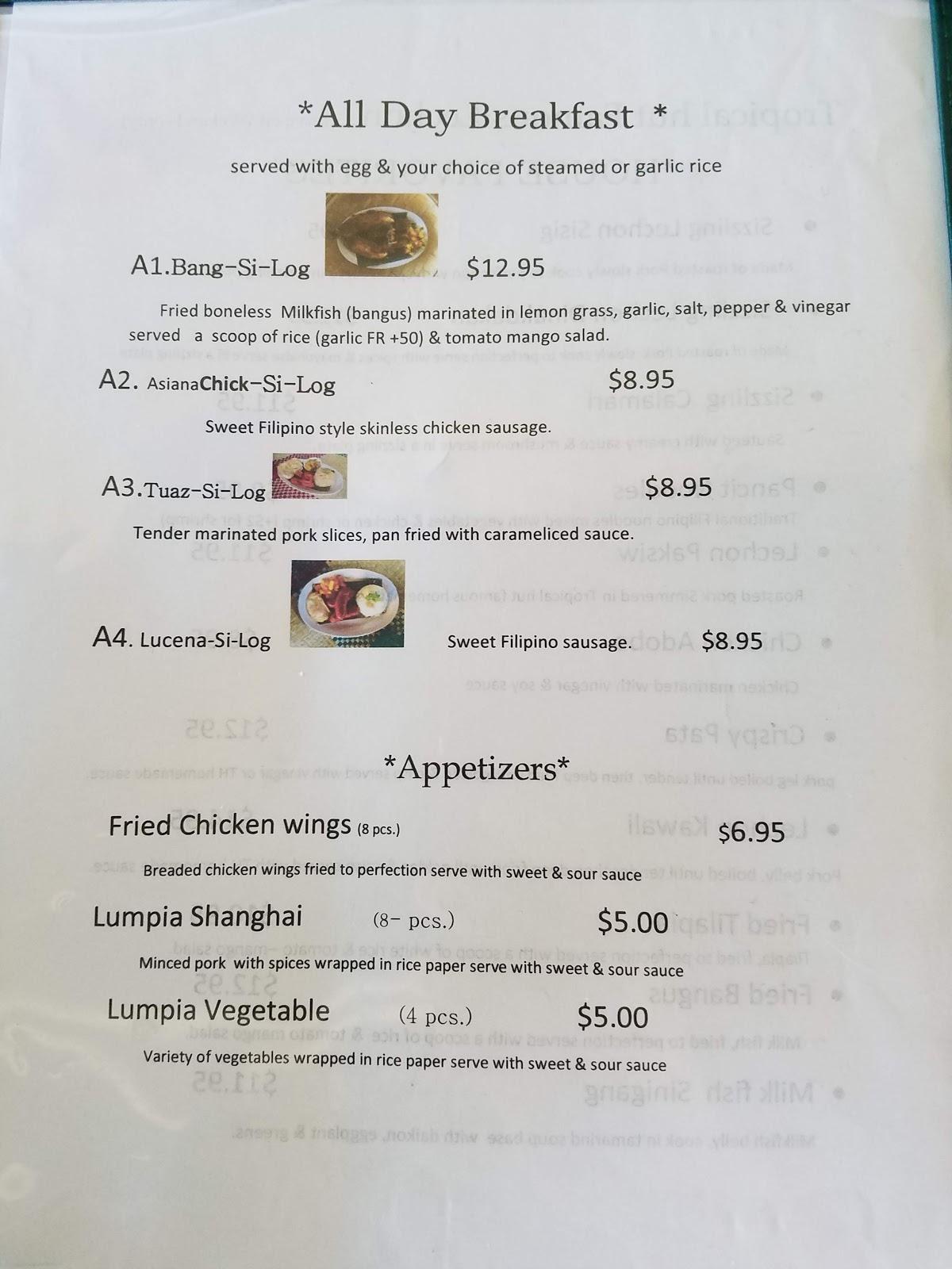 Menu at Tropical Hut Restaurant, Kent