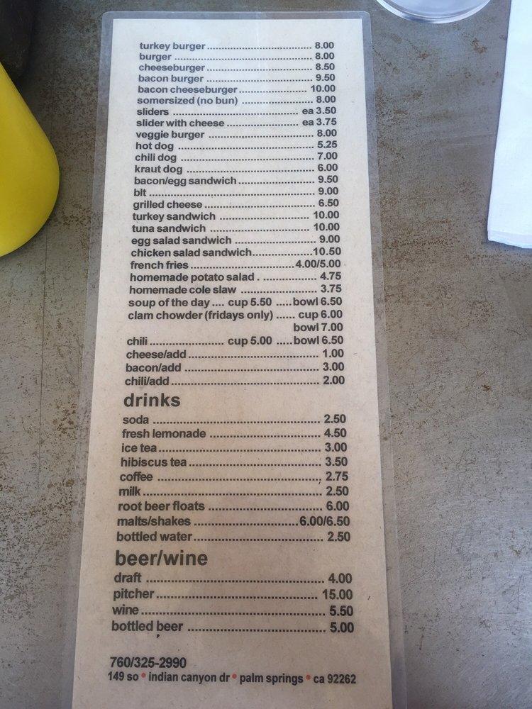 Menu at Tyler's Burgers restaurant, Palm Springs