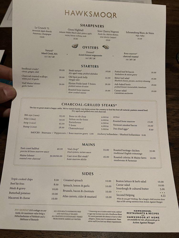 Menu at Hawksmoor NYC steakhouse, New York City