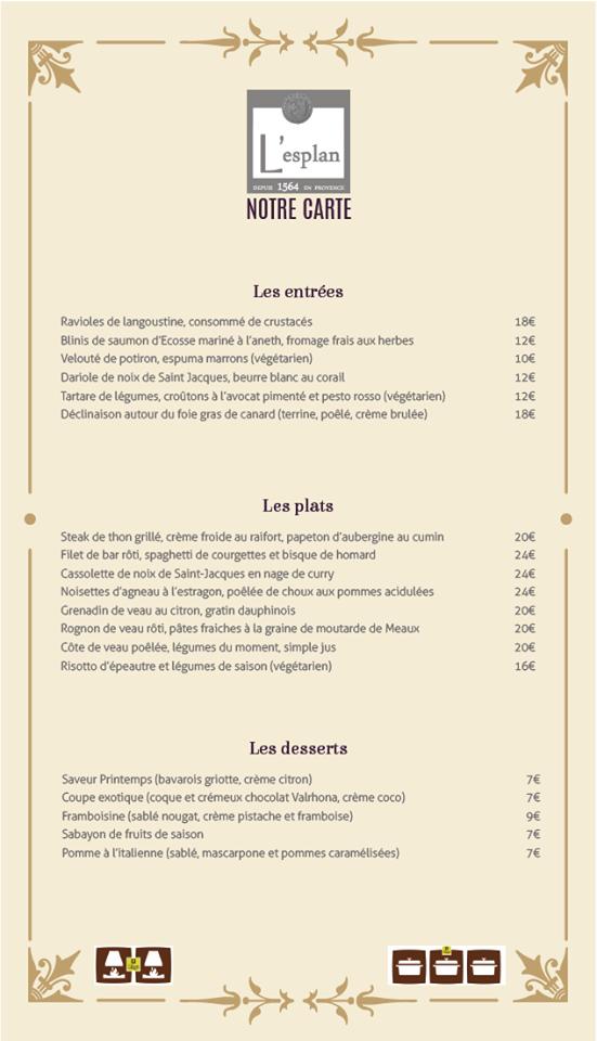 Menu au L'Esplan restaurant, Saint-Paul-Trois-Châteaux