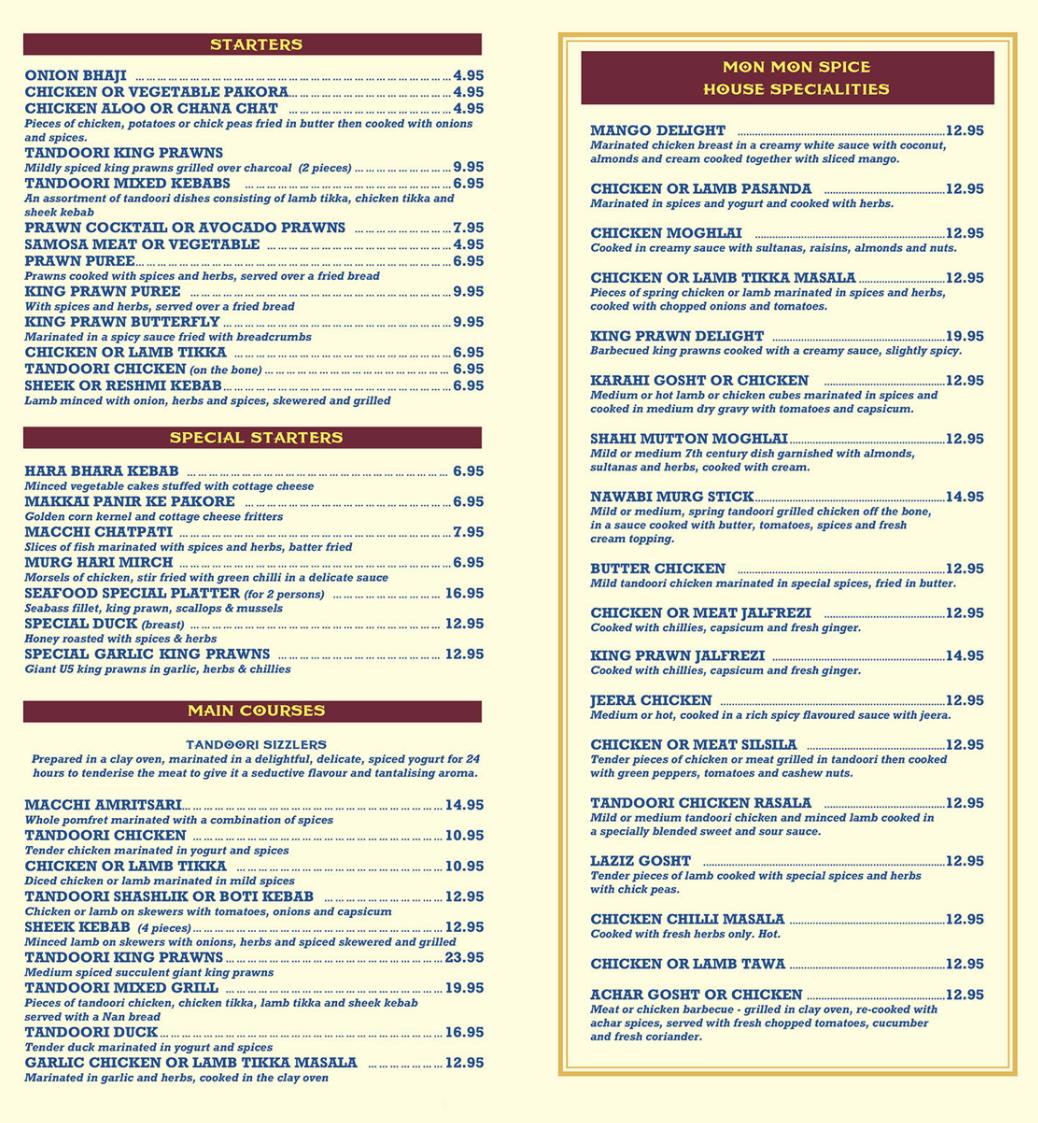 Menu at Mon Mon Spice restaurant, Elmswell