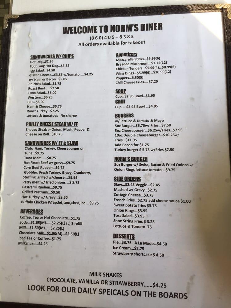 Menu at Norm's Diner restaurant, Groton