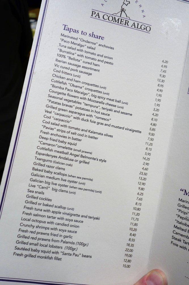 Menu at Paco Meralgo restaurant, Barcelona