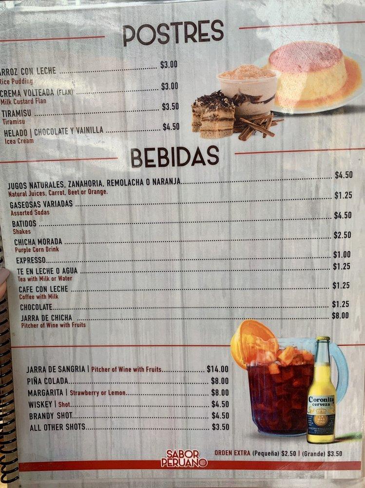 Menu at Sabor Peruano restaurant, West New York, Bergenline Ave