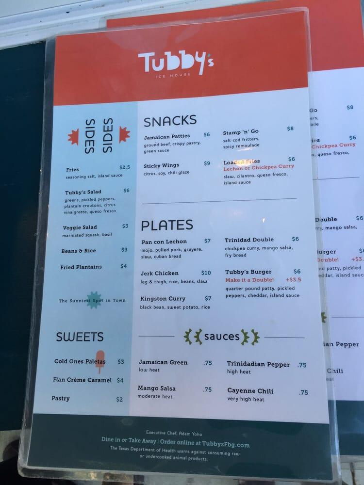 Menu at Tubby's Ice House restaurant, Fredericksburg